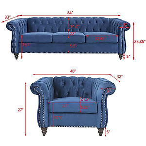 wirrytor 2 Pieces of Living Room Furniture Chesterfield Sofa Sets, Velvet Chesterfield Sofa&Chesterfield Club Chair Sofas Set with Nailhead Trim Scroll Arms(Blue)