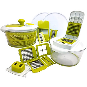 MegaChef, Dicer and Chopper Veggie Mandoline Slicer with Julienne Graterwith Interchangeable Blades and Storage Lids, 16 Piece, Green