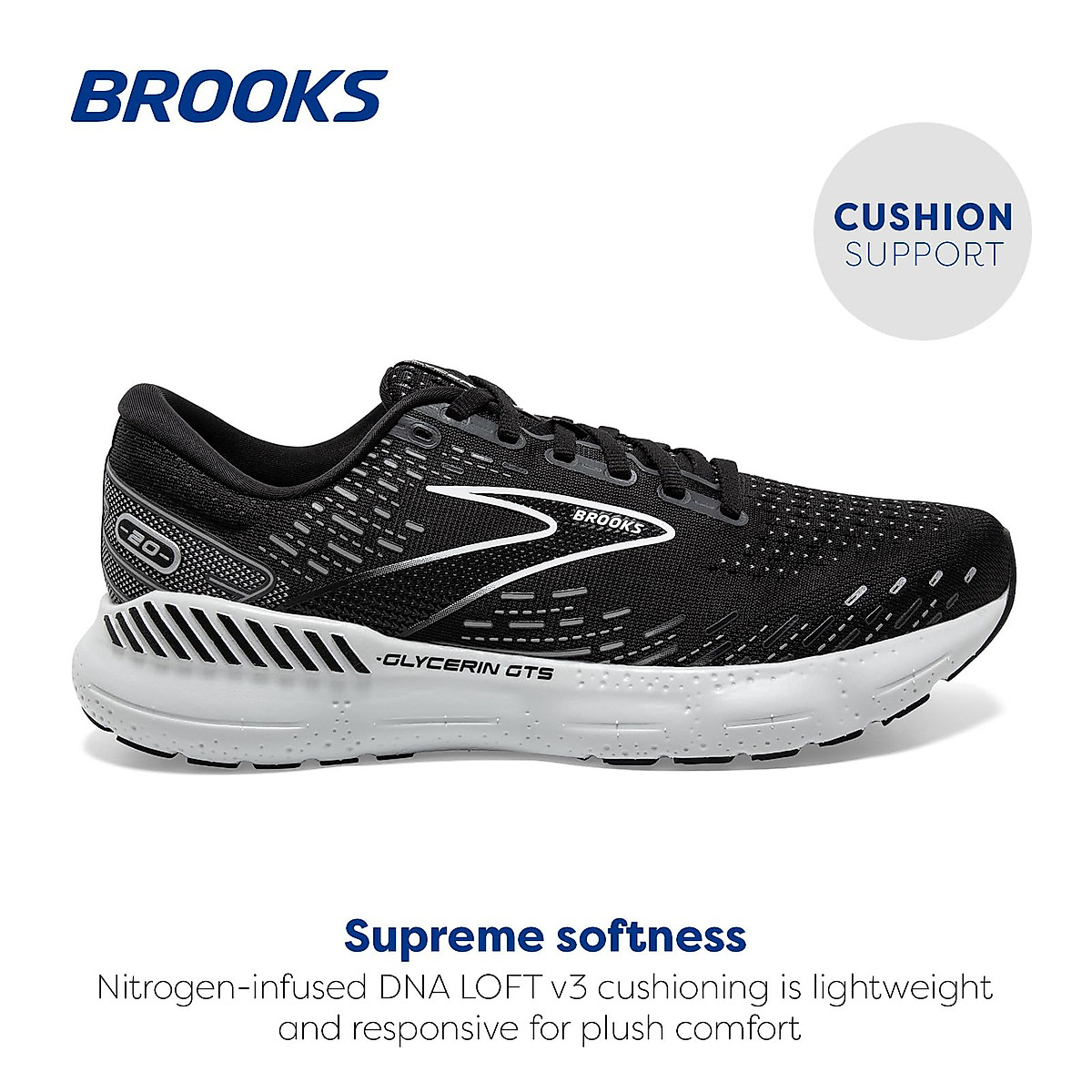 Brooks Men's Glycerin GTS 20 Supportive Running Shoe - Black/White/Alloy - 11 Medium
