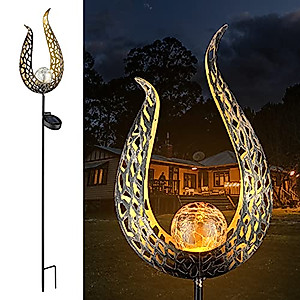 VCOKEN Solar Stake Lights Outdoor Decorative - Garden Solar Lights, Flame Shape Bronze Solar Garden Light, Waterproof Crackle Glass Led Light for Pathway, Lawn, Yard Decor