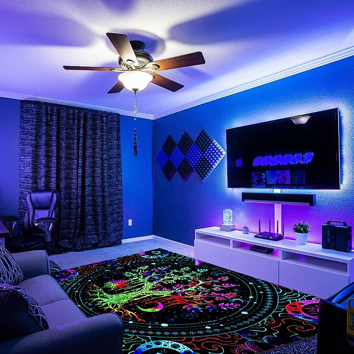 EISKBC Neon Tree of Life Area Rug, Large Blacklight UV Reactive Throw Rug, Non-Slip Bohemian Fluorescent Floor Mat Carpet, Glow in The Dark Sun and Moon Phase Bed Room Decor, 70x47inch