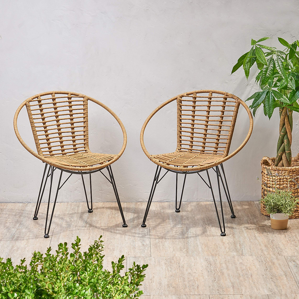 GDFStudio Outdoor Wicker Dining Chairs (Set of 2), Light Brown and Black