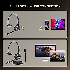 【Upgraded】 Bluetooth Headset with Microphone, Trucker Bluetooth Headset with Advanced Adapter and Charging Base, Bluetooth or USB Cable Connect for Computer/Home Office/Trucker/CallCenter/CellPhones