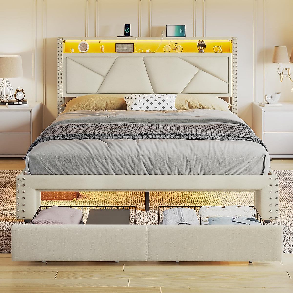 AOGLLATI Queen Bed Frame with Storage Drawers, Charging Station, Upholstered Led Bed Frame Queen Size with Storage Headboard, No Box Spring Needed, Beige