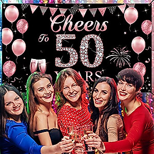 Happy 50th Birthday Decorations for Women, Cheers to 50 Years Backdrop Banner, Rose Gold 50th Birthday Party Yard Banner, 50th Wedding Anniversary Decoration Banner for Outdoor Indoor, Vicycaty