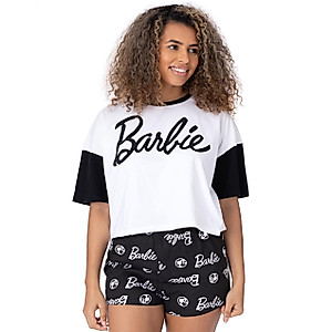 Barbie Womens Pyjama Set | Ladies White Cropped T-Shirt & Black Elasticated Shorts Complete PJs | Fashion Doll Sleepwear