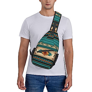 QISENTIS Aztec Ethnic Pattern Design Sling Bag Crossbody Backpack Indiana Western Southwest Native American Turquoise Stripe Travel Hiking Daypack Navajo Print Chest Shoulder Bag