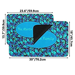CUXWEOT Tropical Blue Butterflies Pattern Personalized Doormat Text Name Custom Indoor Outdoor Pet Mat Entrance Rugs Home Decor Welcome Door Mats 23.6 x 15.7 Inch