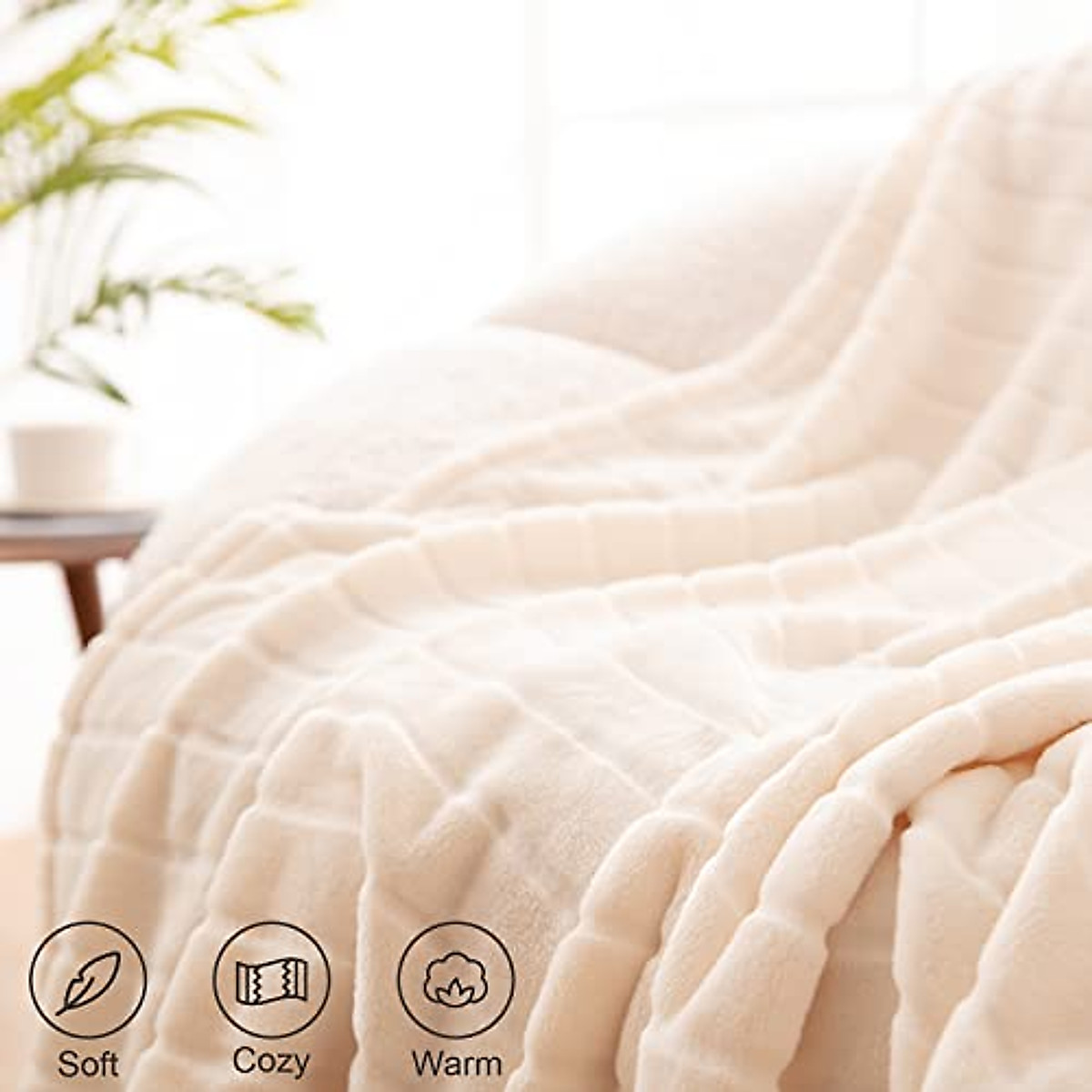 Bertte Plush Throw Blanket Super Soft Fuzzy Warm Blanket | 330 GSM Lightweight Fluffy Cozy Luxury Decorative Stripe Blanket for Bed Couch - 50"x 60", Ivory White