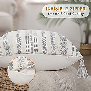 decorUhome Set of 2 Boho Decorative Throw Pillow Covers for Bed Bedroom Neutral Accent Cushion Cover Tufted Woven Pillow Case, 18x18, Grey and Cream White