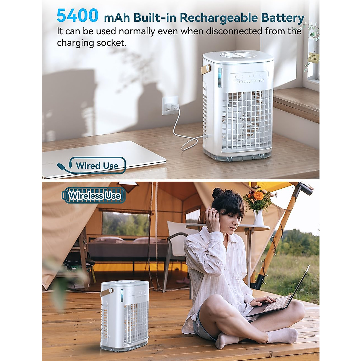 BALKO 4 IN 1 Personal Air Conditioner w/ 5400mAh Li-ion Battery, 2 Ice Packs, 7H Timer for Auto-Off & Remote, 7-LED Lights, 1200ML Tank Small Air Conditioner, Portable Evaporative Air Cooler for Room