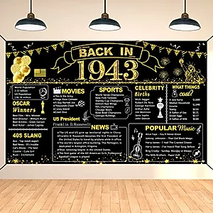 DARUNAXY 80th Birthday Black Gold Party Decoration, Back in 1943 Banner 80 Year Old Birthday Party Poster Supplies Vintage 1943 Backdrop Photography Background for Men & Women 80th Class Reunion Decor