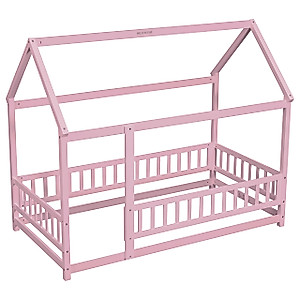 Twin Size House Bed Frame for Kids,Wooden Montessori Floor Bed with Fence and Roof,Floor Bed Frame Twin Size, Twin Bed Frame for Girls,Boys(Twin,Pink)
