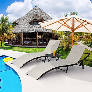 PayLessHere Patio Chaise Lounge Set of 3 Adjustable Back Outdoor Lounge Chair Folding Wicker Recliner Chair 2 Pieces Outside Chairs with Folding Table and Khaki Cushioned for Poolside Deck Lawn Beach