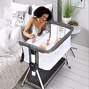 INFANS Baby Bassinet Bedside Crib, Newborn Sleeper w/Large Storage Basket, Adjustable Heights & Angle, Detachable &Washable Mattress, Breathable Mesh, Straps, Easy Moving Bed Side, Dark Grey