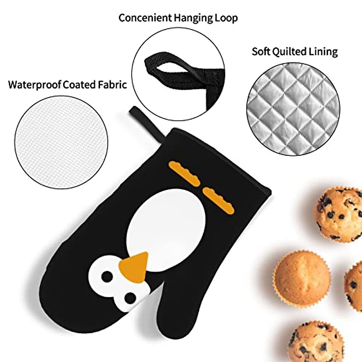 Cute Penguin Oven Mitts and Potholders BBQ Gloves Waterproof and Durable for Cooking Baking Grilling 4-Piece Set