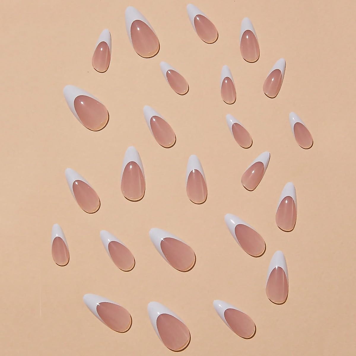 24Pcs French Tip Press On Nails, Medium Almond Tips Acrylic Full Cover White Glossy Nude Reusable Glue On Nails for Women Girls