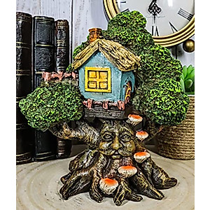 Ebros Whimsical Forest Ent Greenman Cottage Blue Nook Tree House Statue with Mushroom Conk Steps 6.5" High As Fairy Garden Treehouse Accessory Decor for Home Collectible Figurine