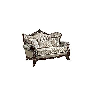 Acme Benbek Fabric Loveseat with 3 Pillows in Taupe and Antique Oak