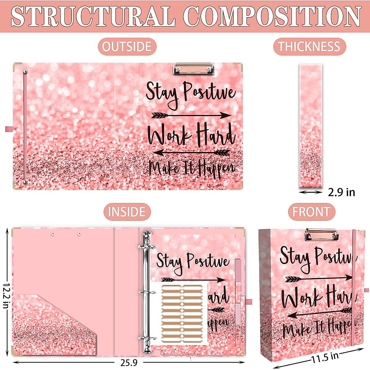 Lateefah 3 Ring Binder, 2 Inch Binder Organizer for Letter Size(8.5'' x 11'') with 5-Tab Dividers and Pockets, Portfolio Binder Cute Binder with Low Profile Clipboard for Office, School Supplies