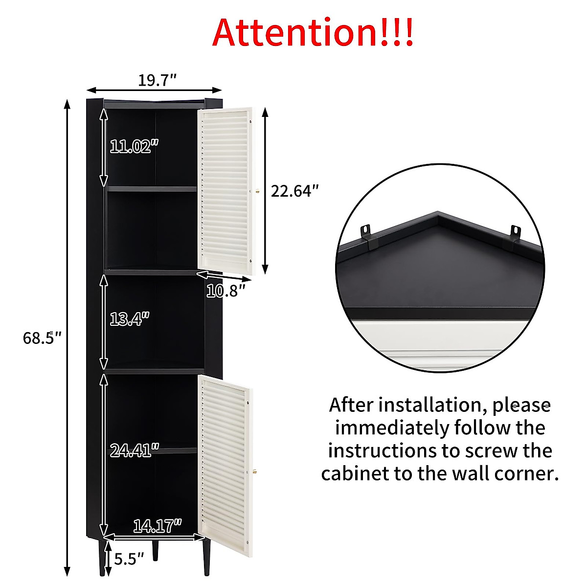 HollyHOME 68.5" Tall Corner Metal Storage Cabinet, Narrow Linen Tower Cabinet with Shelf and Shutter Door, Freestanding Floor Slim Organizer Cupboard for Living Room, Kitchen Pantry, Black&White