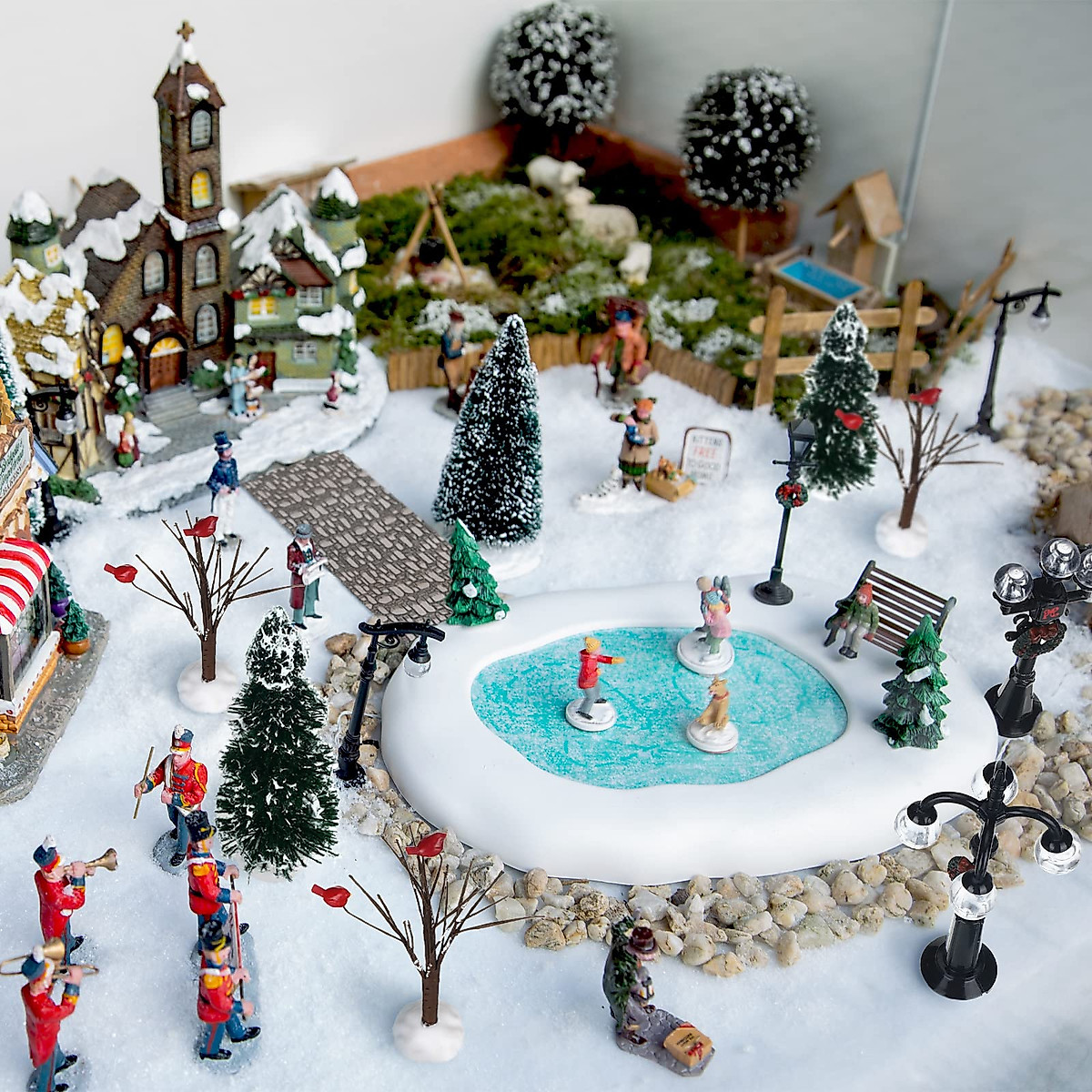 Aoriher 15 Pcs Christmas Figurine Village Accessories Miniature Pine Trees Snow Artificial Christmas Trees Cardinal Bare Branch Trees Streetlight Lamps Cobblestone Street Figurine for Xmas (Classic)