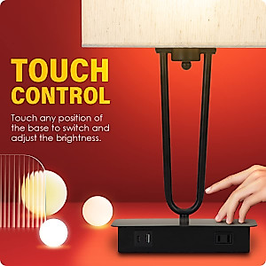 Yarra-Decor Bedside Touch Control Table Lamp Nightstand Lamp with USB A+C Charging Ports & AC Outlet 3-Way Dimmable Desk Lamp with Fabric Shade for Bedroom Living Room(Bulb Included)