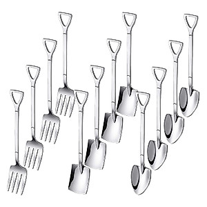 OT-NVWOZR 12PCS Dessert Spoons and Forks Set, Stainless Steel Shovel Shape Ice Cream Spoons, Mini Shovel Spoons for Coffee Yogurt Cake Fruit, Unique Silverware for Home Cocktail Appetizer Party