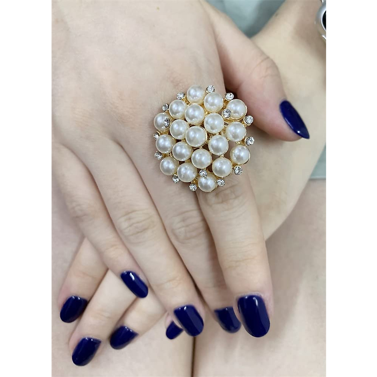 Large CZ Pearl Statement Wedding Ring for Women Girls Gold Plated Vintage Crystal Faux Pearls Ball Flower Adjustable Big Open Band Wrap Ring Birthday Cocktail Party Ring Comfort Fit Exaggerated Jewelry Gift