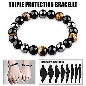 HOZEAL Triple Protection Bracelet, Black Obsidian Tiger Eye Stone Hematite Wealth Bracelets for Men Women for Bring Luck and Prosperity, Beaded Buddha Crystals Rope Stretch Bracelet (10mm-7inch)