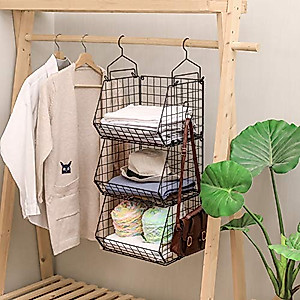 X-cosrack 3 Tier Foldable Closet Organizer, Clothes Shelves with 5 S Hooks, Wall Mount&Cabinet Wire Storage Basket Bins, for Clothing Sweaters Shoes Handbags Clutches Accessories Patent Design