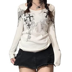 vaflower Women Y2K Long Sleeve Patchwork Lace Square Neck Crop Top Tshirt Slim Fit Harajuku Vintage Streetwear Blouse Tops (A1-White,M)