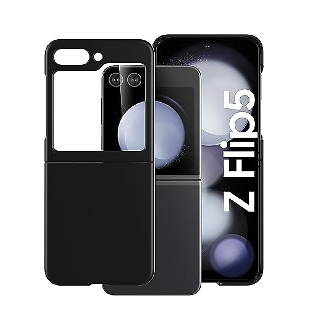 Cresee Case for Samsung Galaxy Z Flip 5 (2023) with Cover Screen Protector, Thin Hard PC Phone Case for Galaxy Z Flip5 - Black+Glass