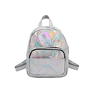 MOSSTYUS Small Holographic Backpack Rainbow Shoulder Bag Metallic Satchel Shiny Travel Daypack for Women Men Lady