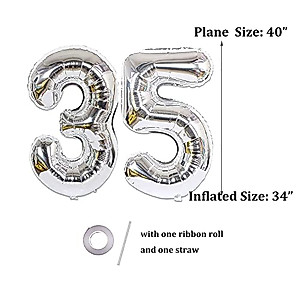 Number 35 Balloon 40 Inch Giant Foil Helium Balloons Jumbo 35 Number Balloons for Birthday Anniversary Festival Party Home Office Decor, Silver 35