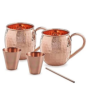100% Solid Moscow Mule Copper Mugs Kit With Free Extras: Set of Two 16oz Mugs - Hammered Premium Quality Copper Cups, 2 Shot Glasses/Jiggers, and 1 Straw. Great For Gifts.