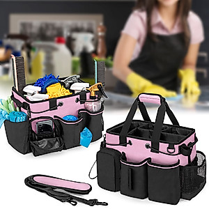 LoDrid Large Professional Cleaning Caddy with Detachable Divider, Supply Organizer with Handle and Shoulder Strap, Cleaning Bags for Housekeepers & Cleaners, Pink