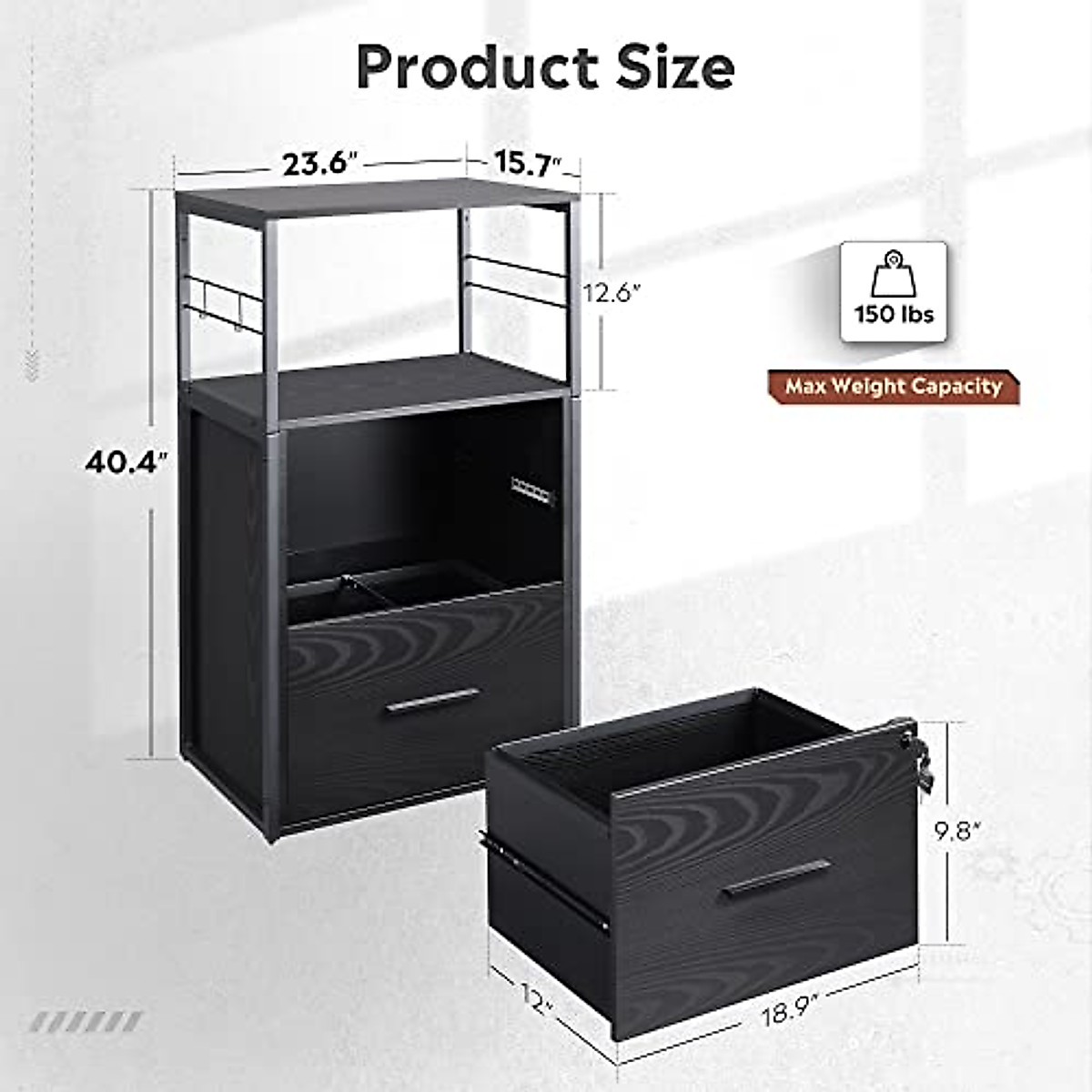 DEVAISE 2 Drawer Lateral File Cabinet with Lock, Filing Cabinet fits Letter/Legal/A4 Size, Large Printer Stand with Storage Shelves for Home Office, Black