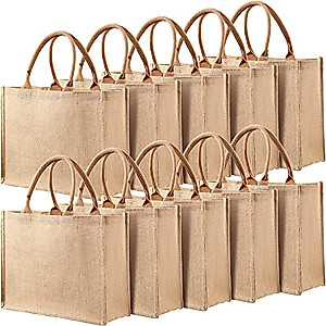 10 Pack Burlap Tote Bag Set Jute Tote Bags with Handles Blank Large Burlap Reusable Grocery Bags Water Resistant for Bridesmaid Gift Travel Shopping DIY Crafts Bags, 15.3 x 12.2 x 5.9 Inches