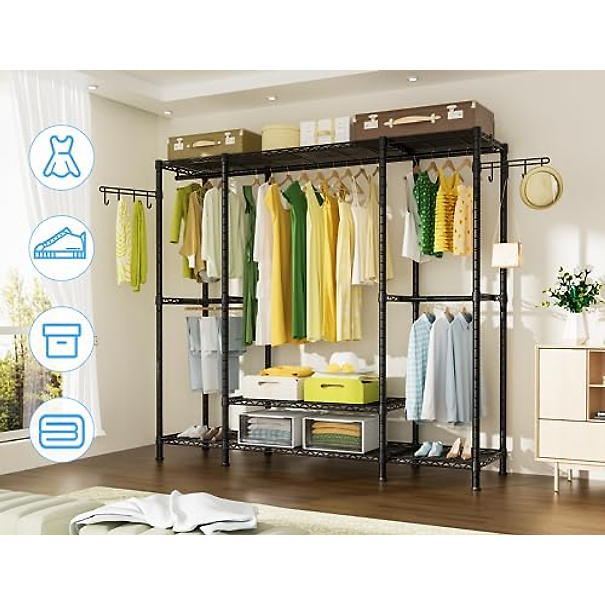 Ulif E3 Heavy Duty Garment Rack, 4 Tiers Freestanding Closet Organizer System with 5 Shelves, Metal Closet Organizer and Storage System for Clothes, Max Load 650lbs, 57.1"W x 14.5"D x 77.3"H, Black