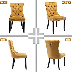 Rhomtree Set of 4 Velvet Fabric Dining Chairs Luxury Tufted Back with Nailed Trim and Back Ring Pull Home Kitchen Dining Room Chairs Armless Side Chairs Solid Rubber Wood Legs (Gold)