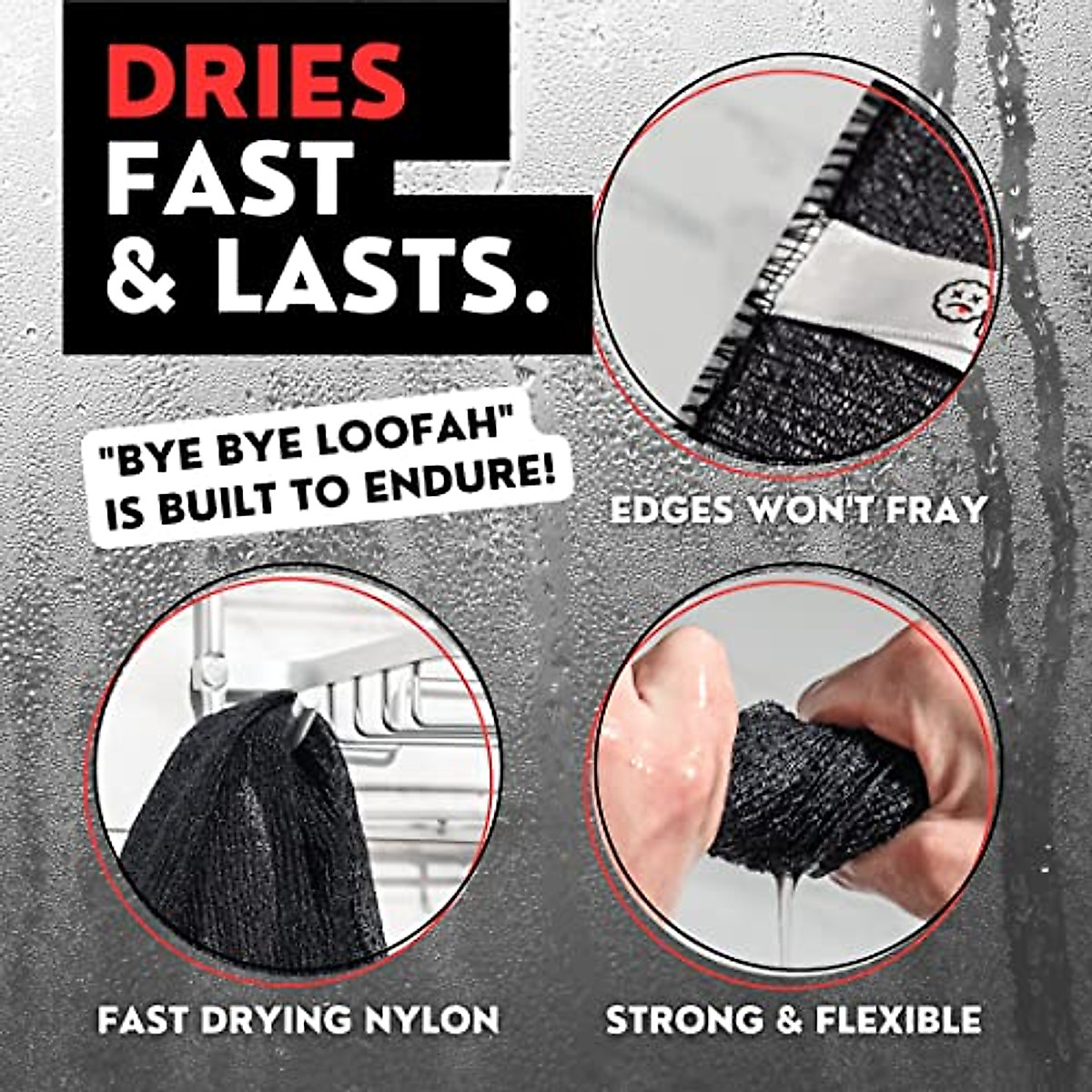 Extra Rough Exfoliating Washcloth - Extreme Body & Back Scrubber for Shower, Extra Long, Hygienic Exfoliator Wash Cloth, Men Or Women, 2 Count Pack, 1 Black & 1 Grey Color, Bye Bye Loofah