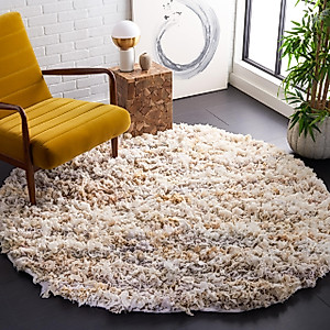 SAFAVIEH Rio Shag Collection Area Rug - 6' Round, Creme, Handmade Decorative, 3.5-inch Thick Ideal for High Traffic Areas in Living Room, Bedroom (SG951W)