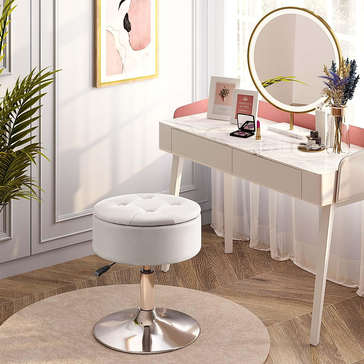 GREENSTELL Vanity Stool with Storage, 19" to 23" Height Adjustable PU Leather Vanity Chair, 360° Swivel Makeup Stool with Removeable Tray, Modern Ottoman for Bedroom Bathroom, White