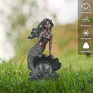 TERESA'S COLLECTIONS Mermaid Garden Sculptures & Statues, Outdoor Fairy Statue, Solar Garden Fairy Decor, Garden Figurines Lawn Ornaments for Patio Yard Decorations (Bronze)