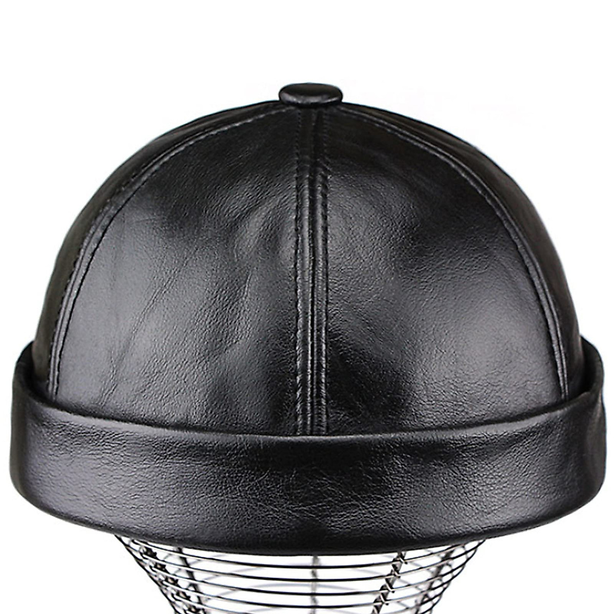 JGHJ Men Genuine Leather Skullcap, Sailor Cap Hat Beanie Rolled Cuff Retro Brimless Genuine Leather Beanie Hat (Black,XL), X-Large