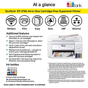 Epson EcoTank ET-3760 Wireless Color All-in-One Cartridge-Free Supertank Printer with Scanner, Copier and Ethernet, Regular (Renewed)