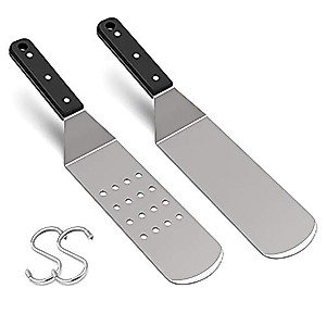 Metal Griddle Spatula, HaSteeL Stainless Steel Long Spatula with Riveted Handle, Heavy Duty Perforated & Solid Spatula Burger Turner for Teppanyaki BBQ Flat Top Grilling Cooking, Dishwasher Safe