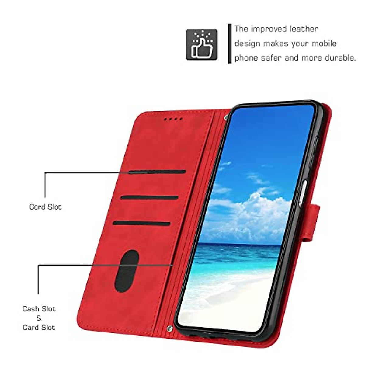 Kainevy for Infinix Hot 9 Play Case Wallet Black with Lanyard Durable Leather Case for Infinix Hot 9 Play Phone Case with Card Holder Buckle Flip Design Protective Cover for Womem Men (Red)