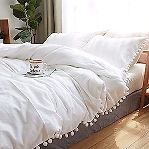 ETDIFFE White Duvet Cover King Size, 3 Piece Cute Boho Farmhouse Microfiber Bedding Comforter Cover Set with Pom Fringes, Soft and Lightweight